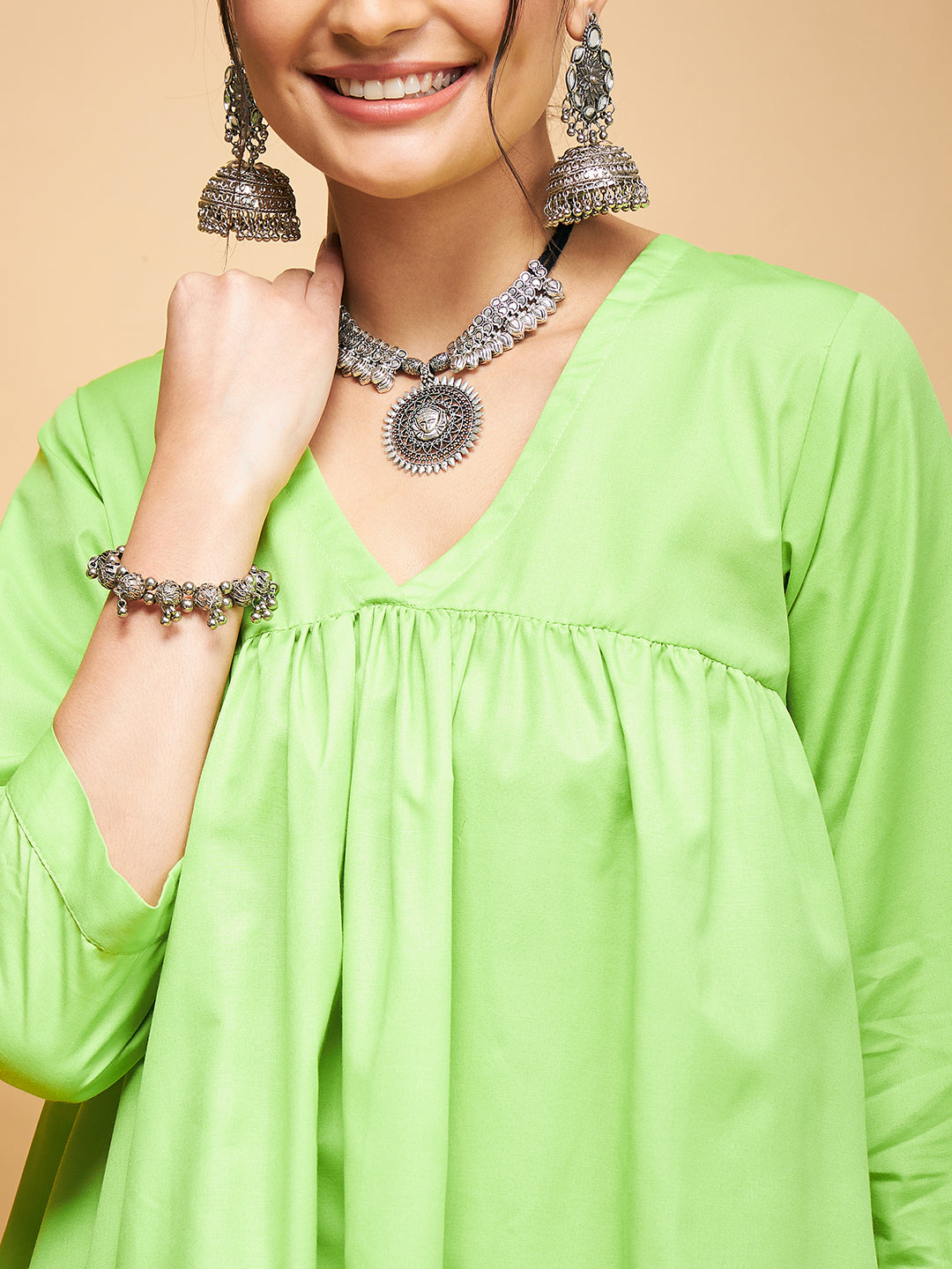 Lime Green Flared Kurta Palazzo Set InWeave Lime Green Flared Kurta Palazzo Set InWeave