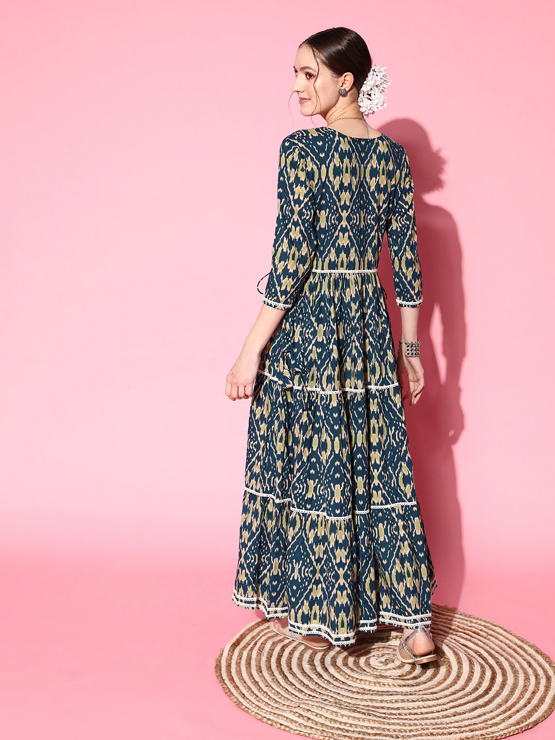 BLUE IKKAT PRINT TIERED DRESS WITH LACE BLUE IKKAT PRINT TIERED DRESS WITH LACE