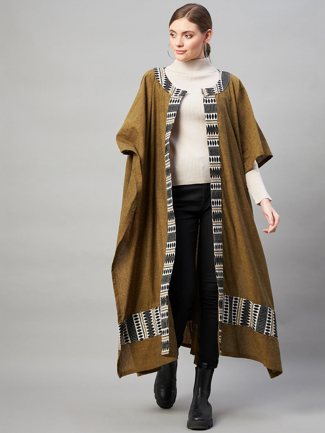 Olive Handloom Long Poncho - InWeave