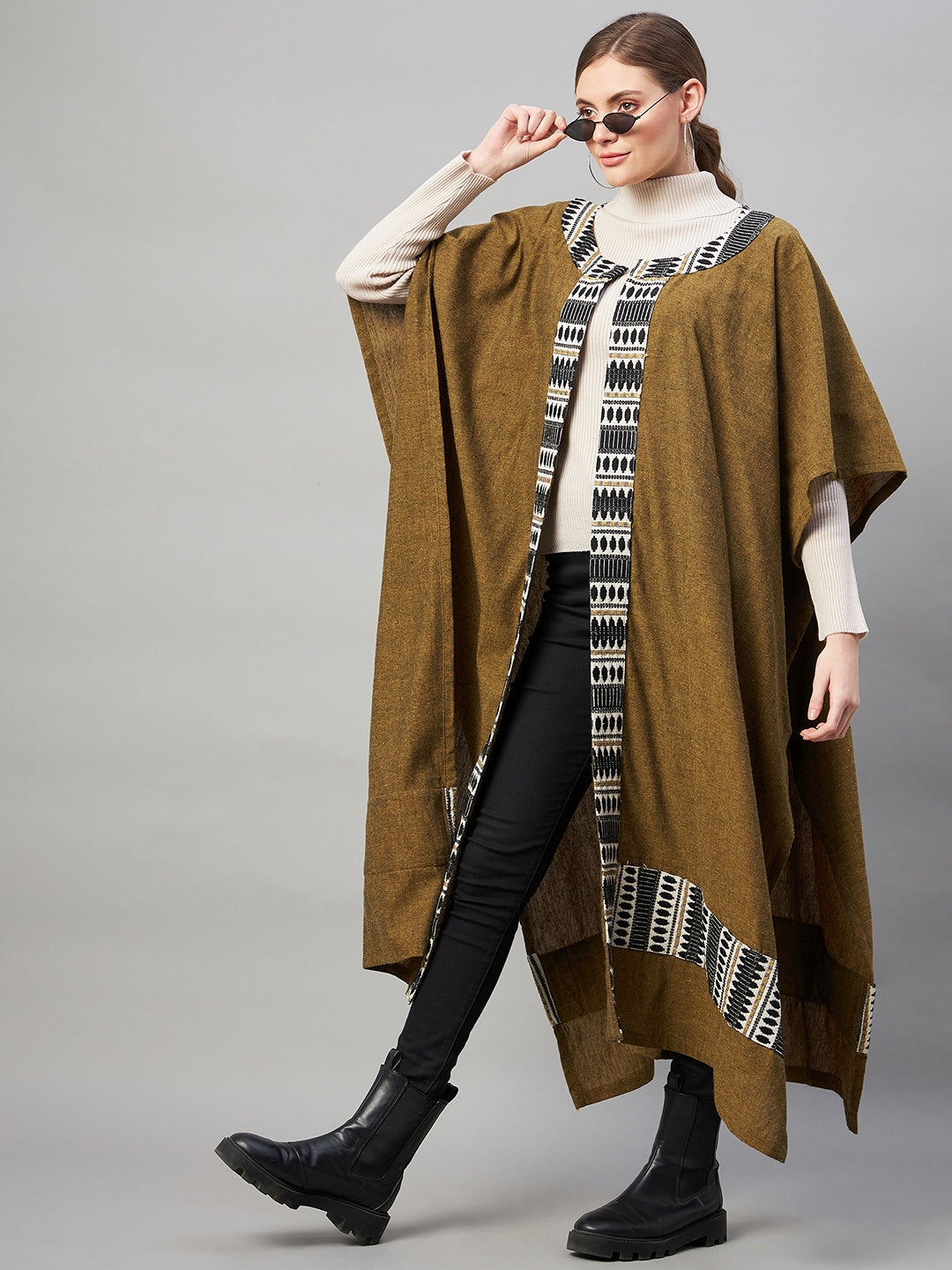 Olive Handloom Long Poncho - InWeave