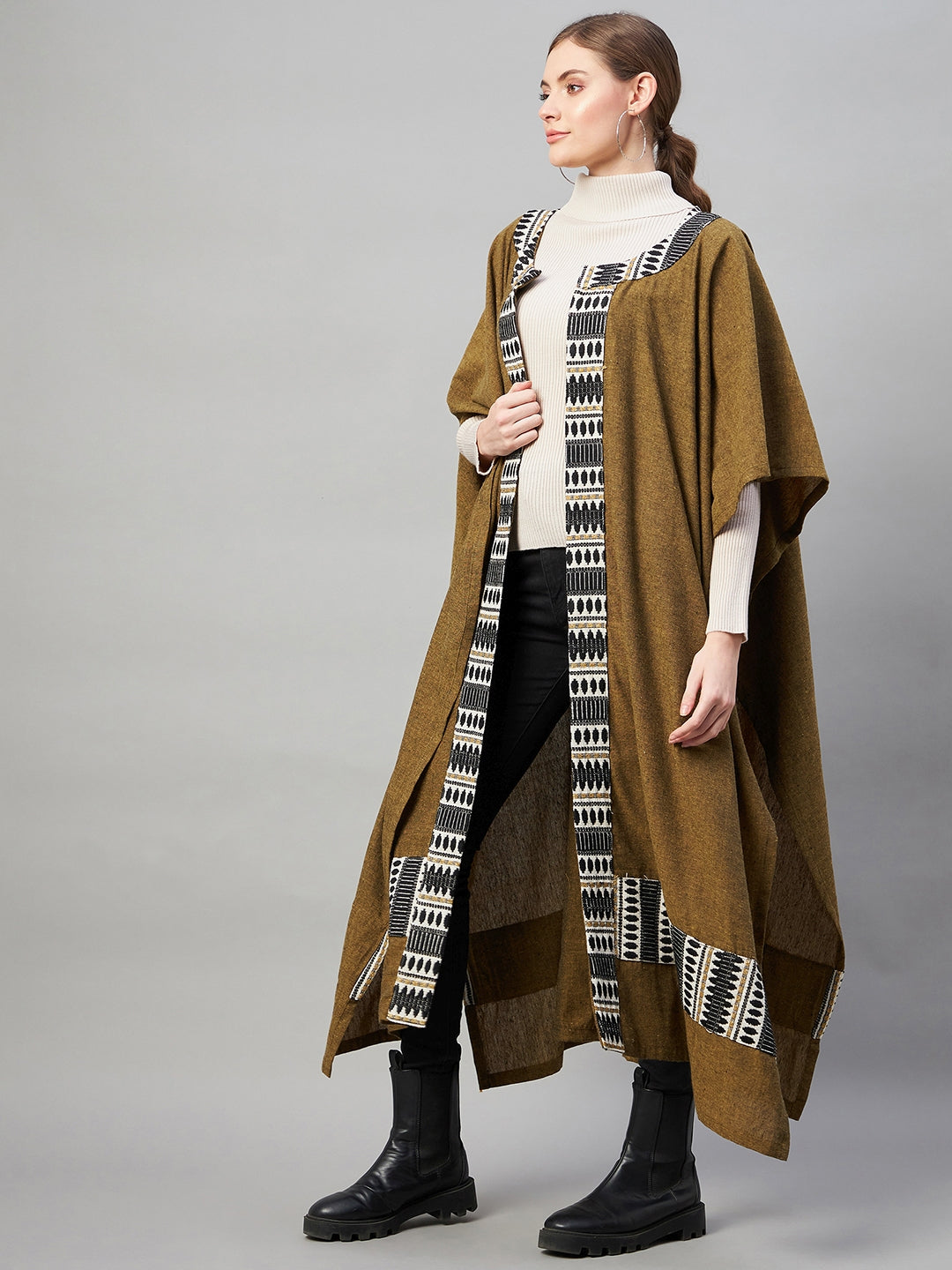 Olive Handloom Long Poncho - InWeave