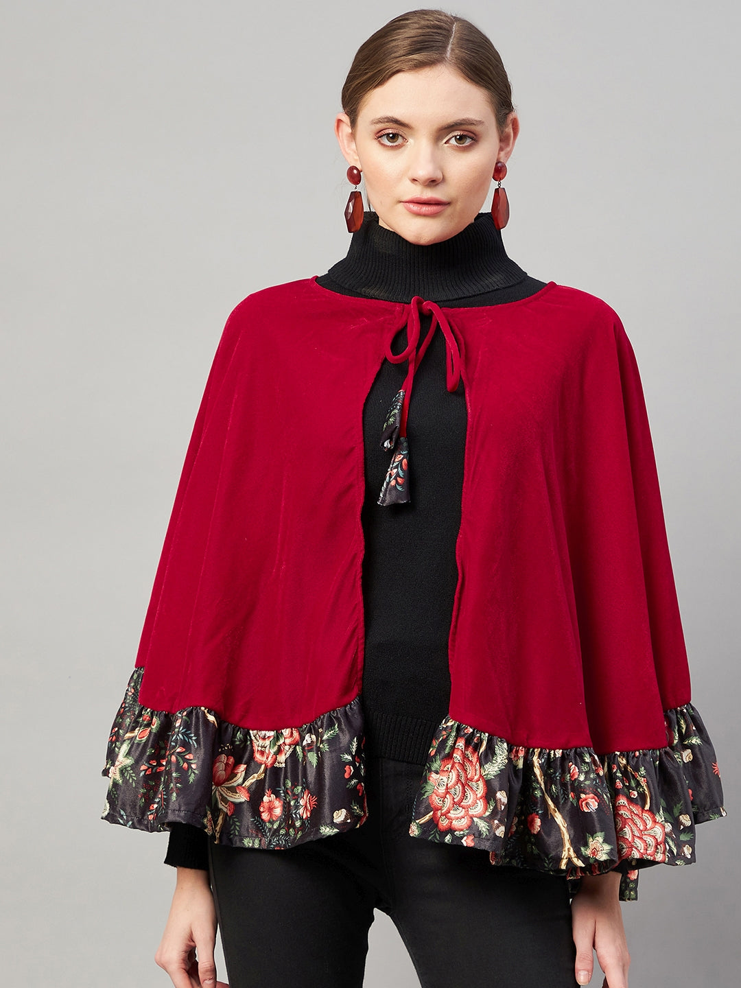 Maroon Velvet Short Poncho - InWeave