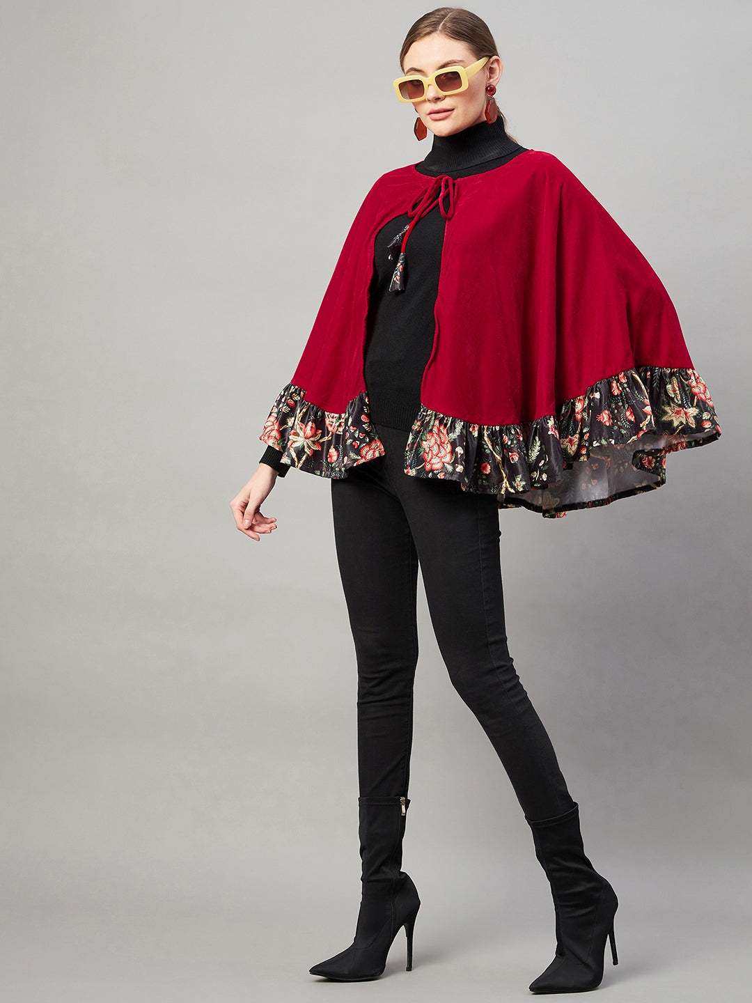 Maroon Velvet Short Poncho - InWeave