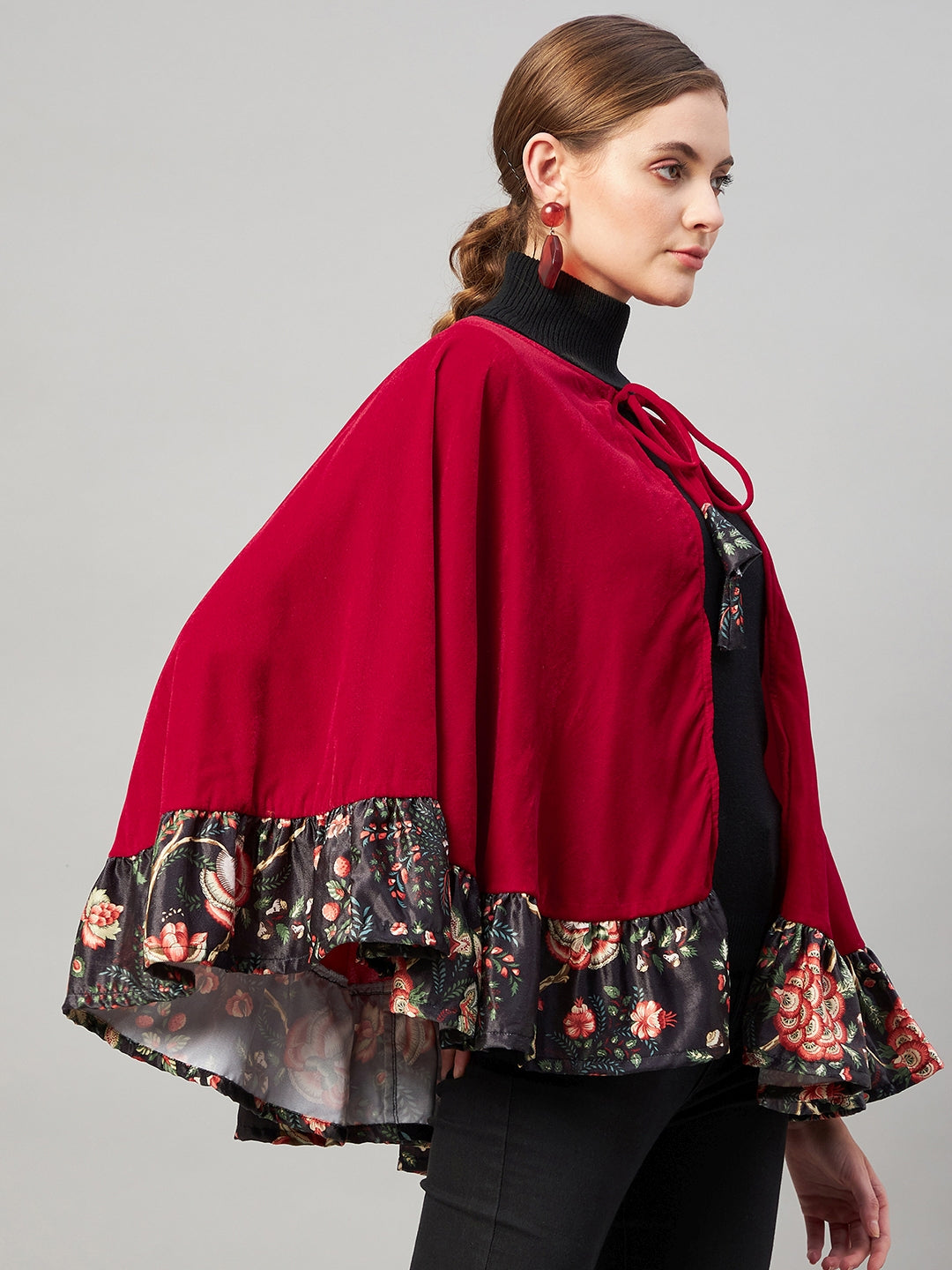 Maroon Velvet Short Poncho - InWeave